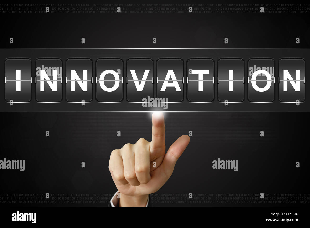 business hand pushing innovation on Flipboard Display Stock Photo - Alamy