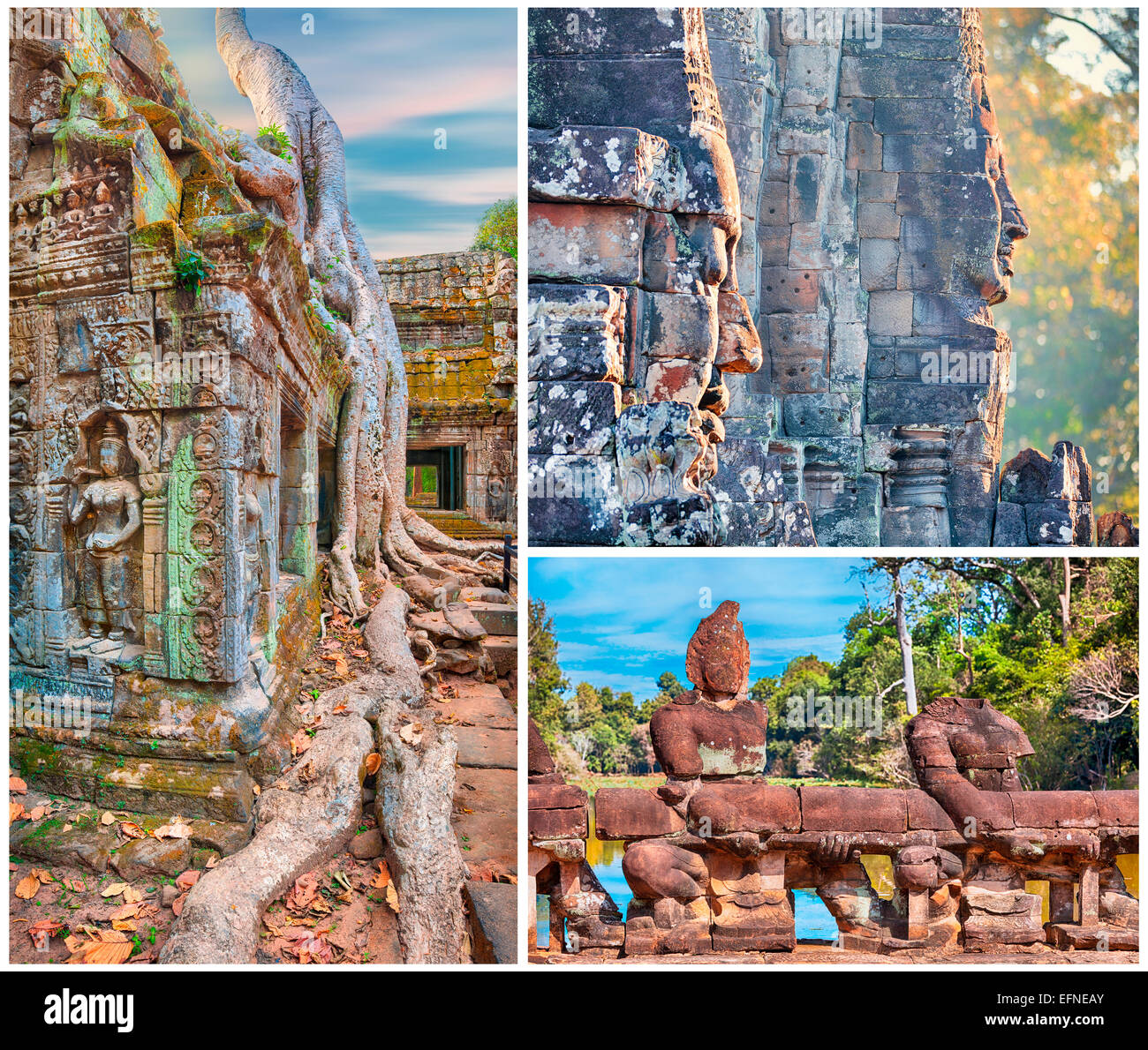 Ancient tree roots and statues of Angkor, collage Stock Photo - Alamy