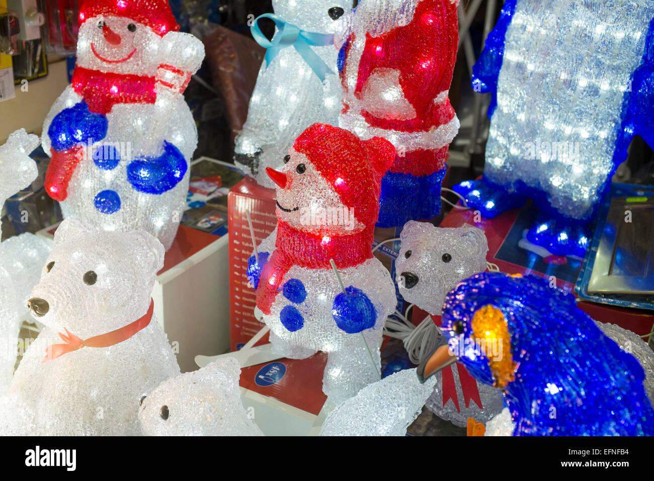 Christmas snow scene display in shop window, with snowman, polar bear ...