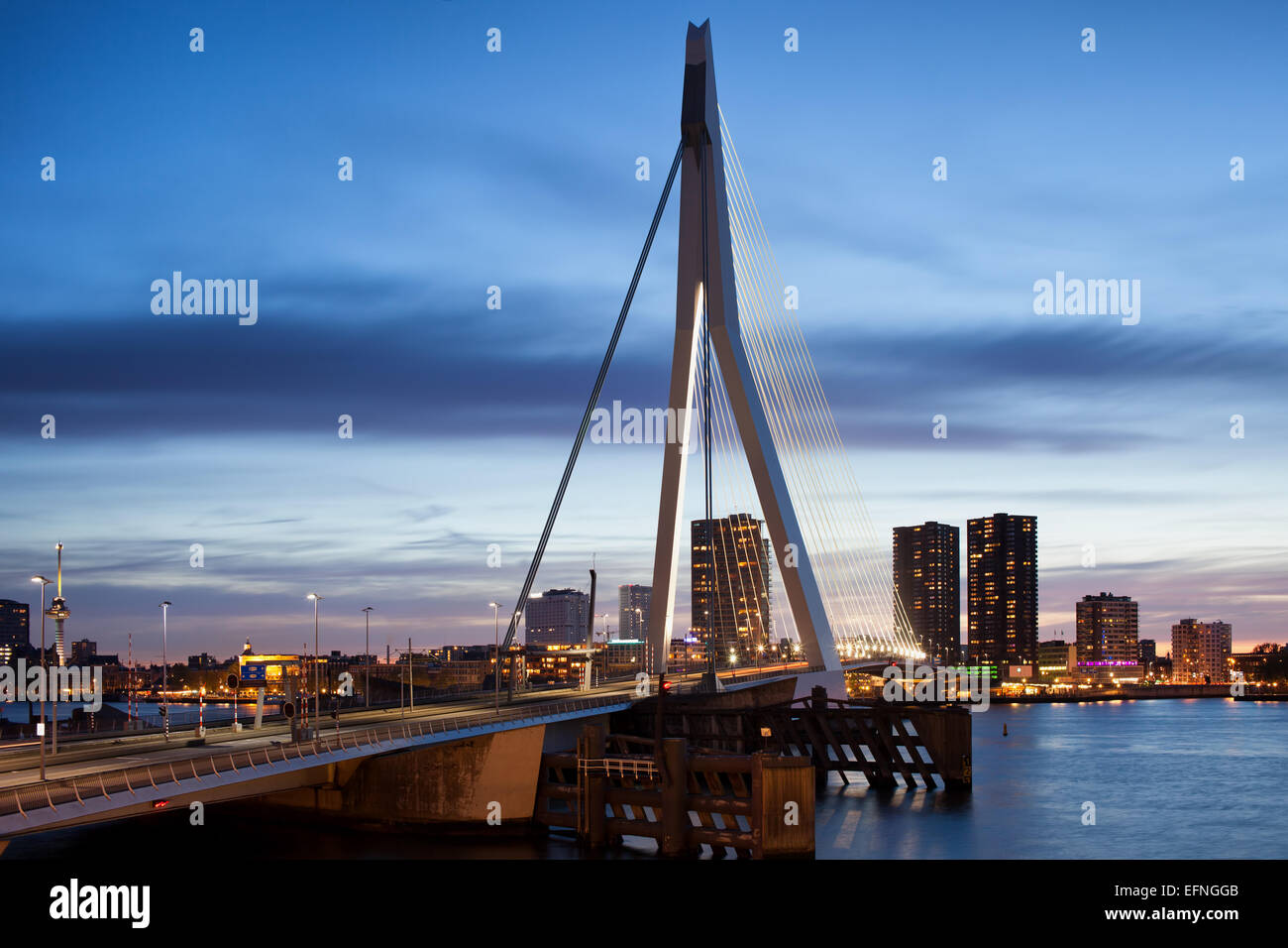Erasmus Bridge (Dutch: Erasmusbrug) and city skyline of Rotterdam at ...