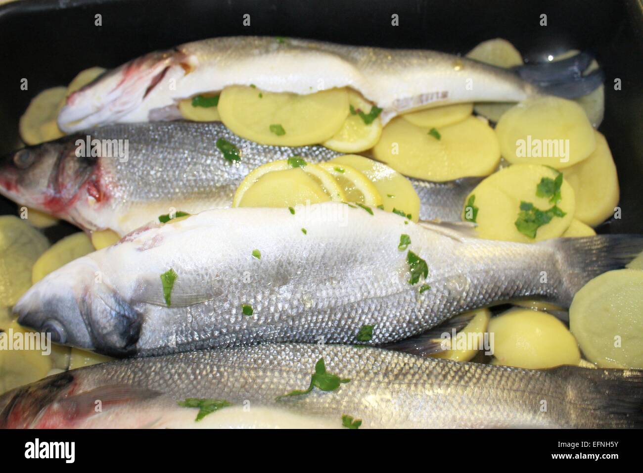 Raw seabass fish with parsley filled with potatoes and lemon ready for ...