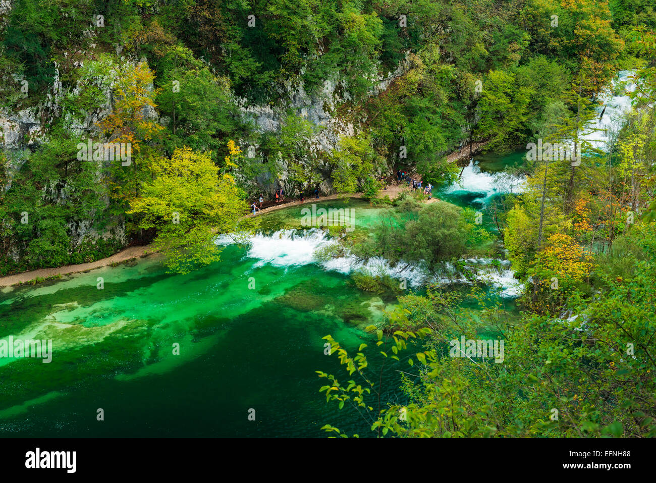 Travertine cascades and boardwalk on the Korana River, Plitvice Lakes ...