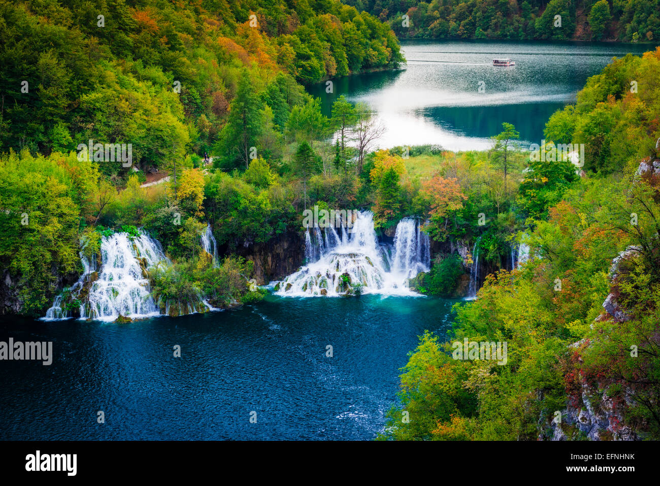 Lake Kozjak and travertine cascades on the Korana River, Plitvice Lakes ...