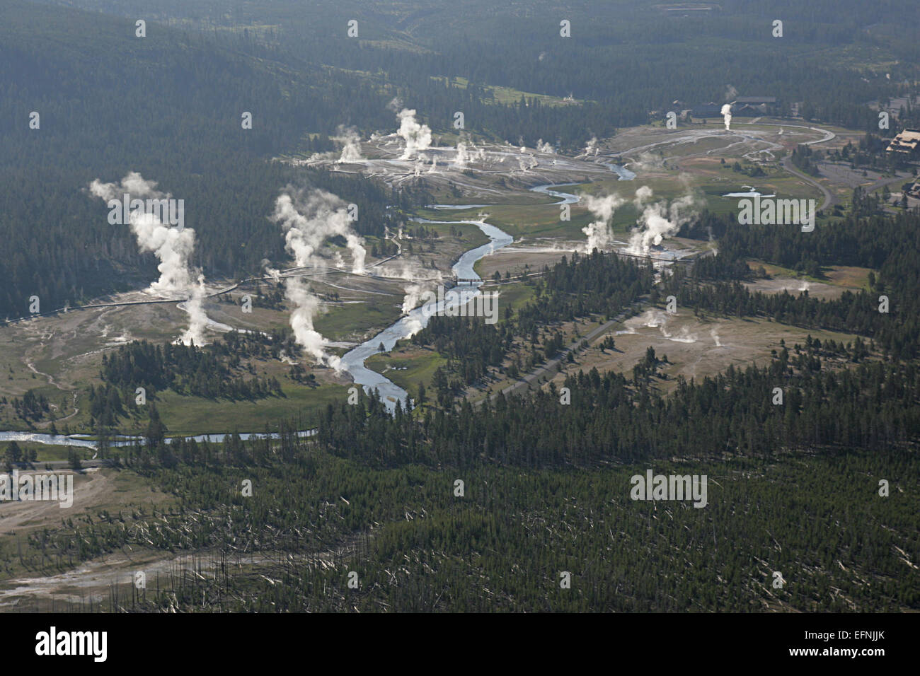 An aerial view of the Upper Geyser Basin in Yellowstone National Park ...