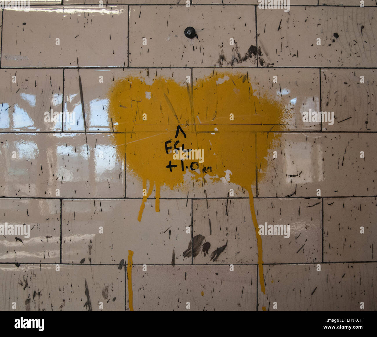Cracked and marked glazed tiles with splodge of paint and hand written ...