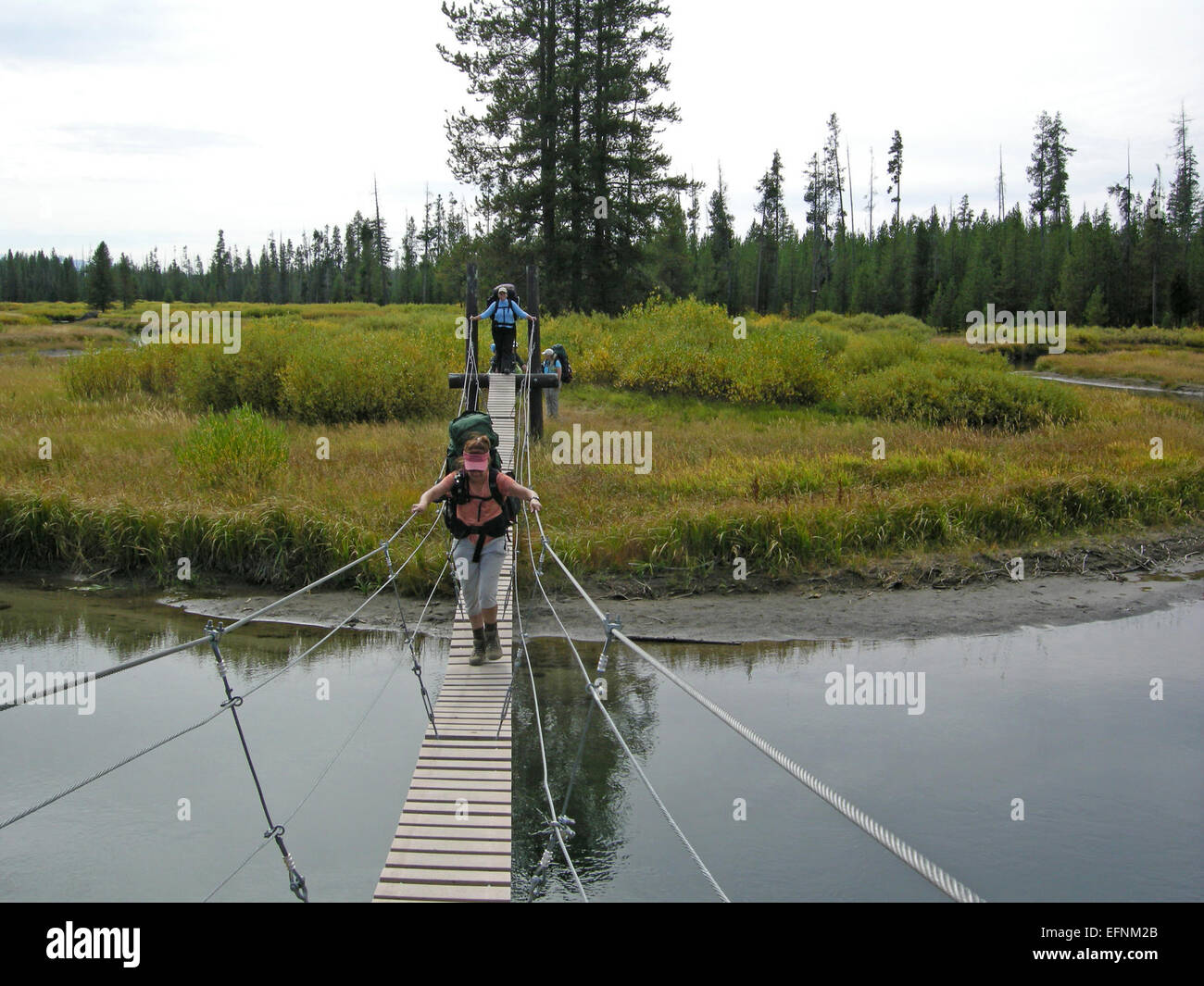 Hikers cross Boundary Creek in Bechler Meadows, Yellowstone National ...