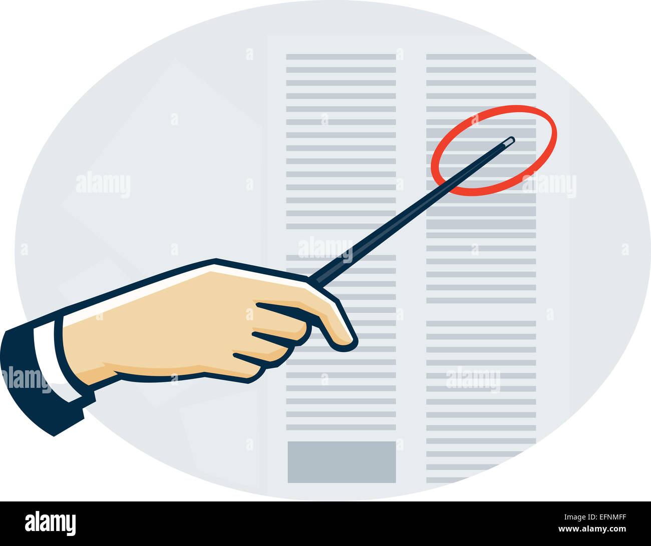 Illustration of a hand with pointer pinpointing at data sheet done in ...