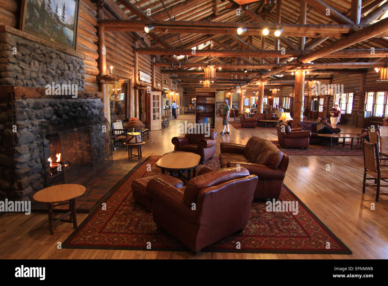The lobby of Lake Lodge, a historic building in Yellowstone National ...