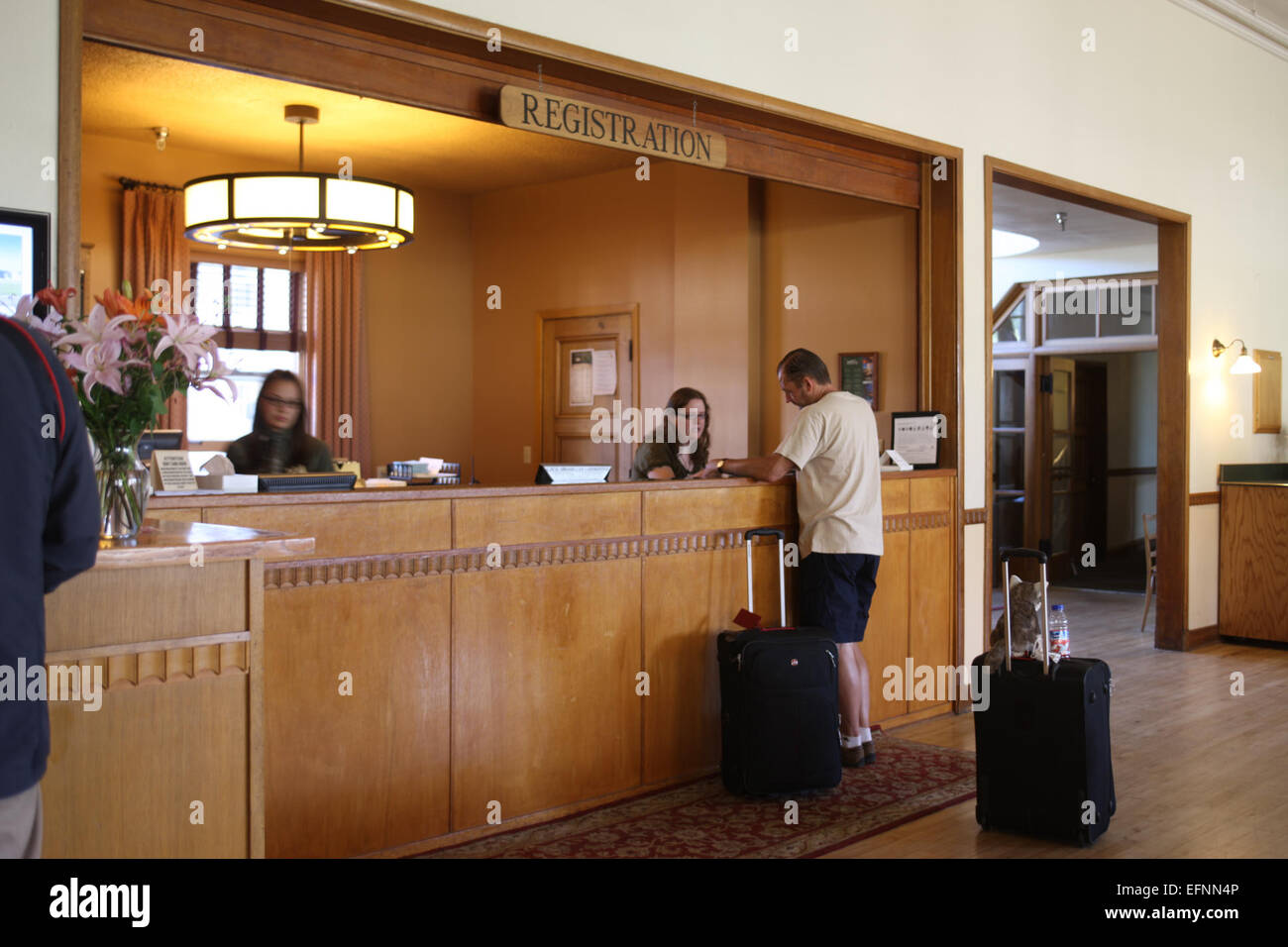 The registration desk at Mammoth Hot Springs Hotel in Yellowstone ...