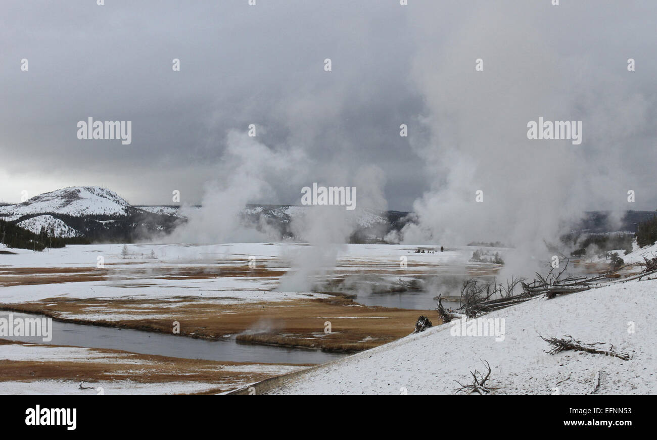 This photograph captures the Midway Geyser Basin in Yellowstone ...