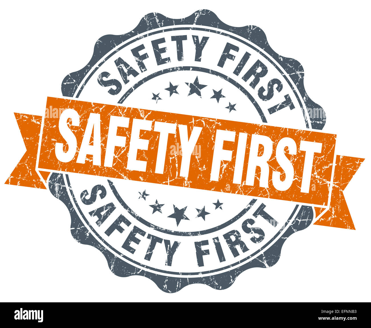 safety first vintage orange seal isolated on white Stock Photo - Alamy