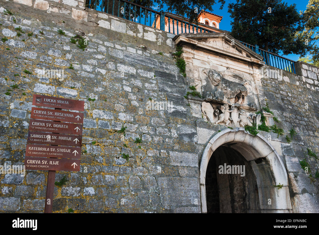 Interpretive sign at the stone Harbor Gate, historic old town Zadar ...