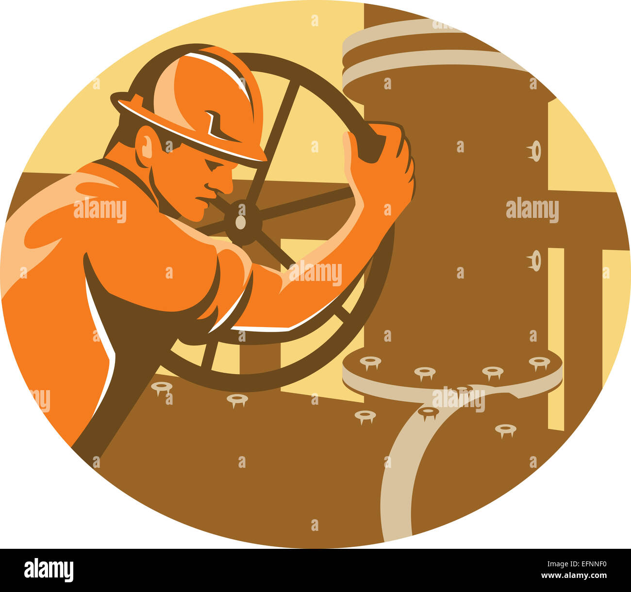 Illustration of a gas and oil worker operator closing pipeline network ...