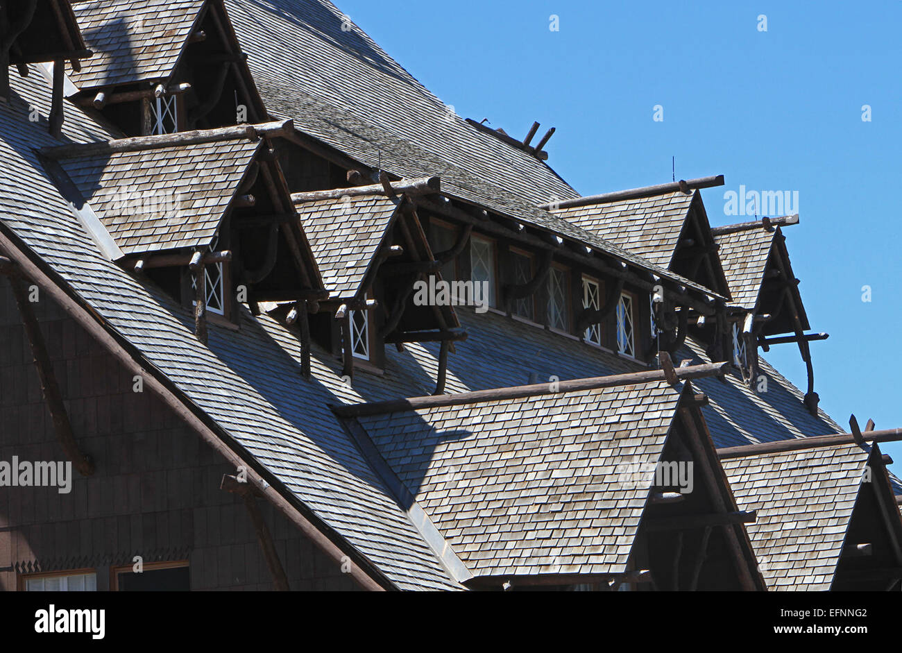 A close-up view of the windows of the iconic Old Faithful Inn in ...