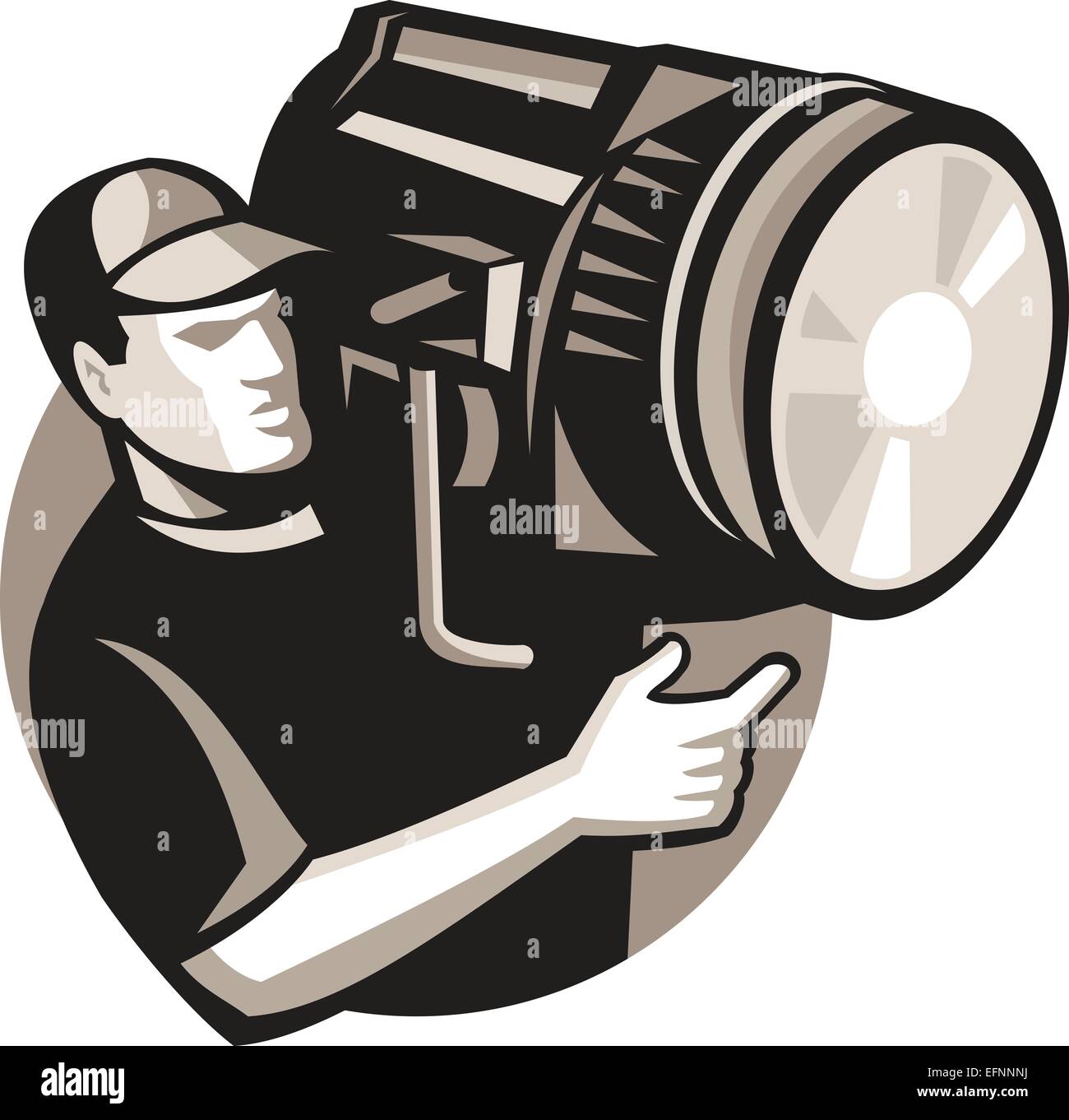 Illustration of film crew worker operating pointing a spotlight fresnel ...