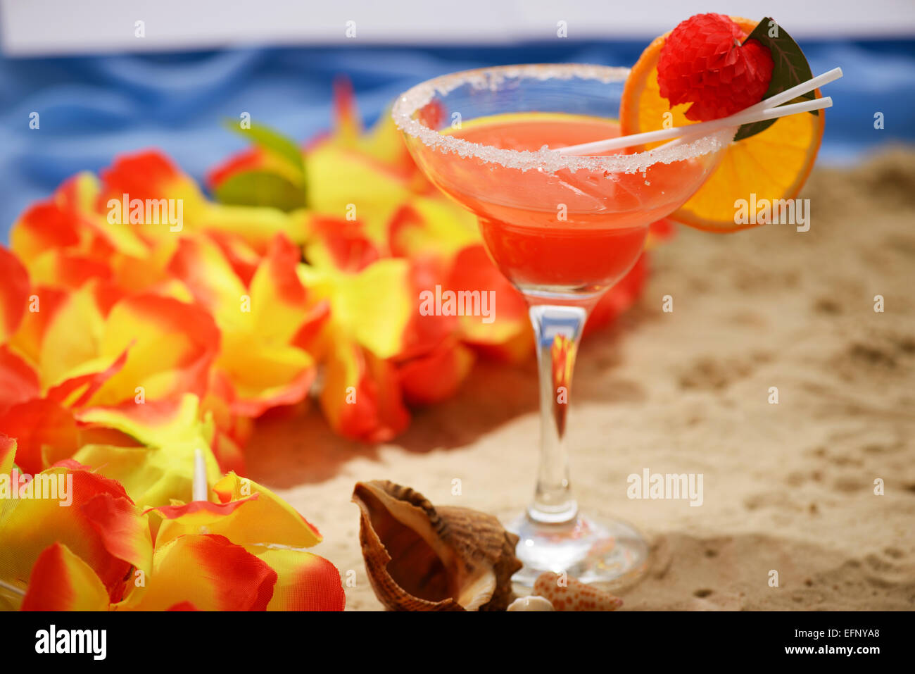 Ready to relax. Image of summer fruit cocktail surrounded by exotic ...