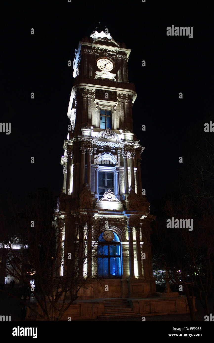 Dolmabahce Clock Tower at night, Dolmabahce Palace, Istanbul, Turkey ...
