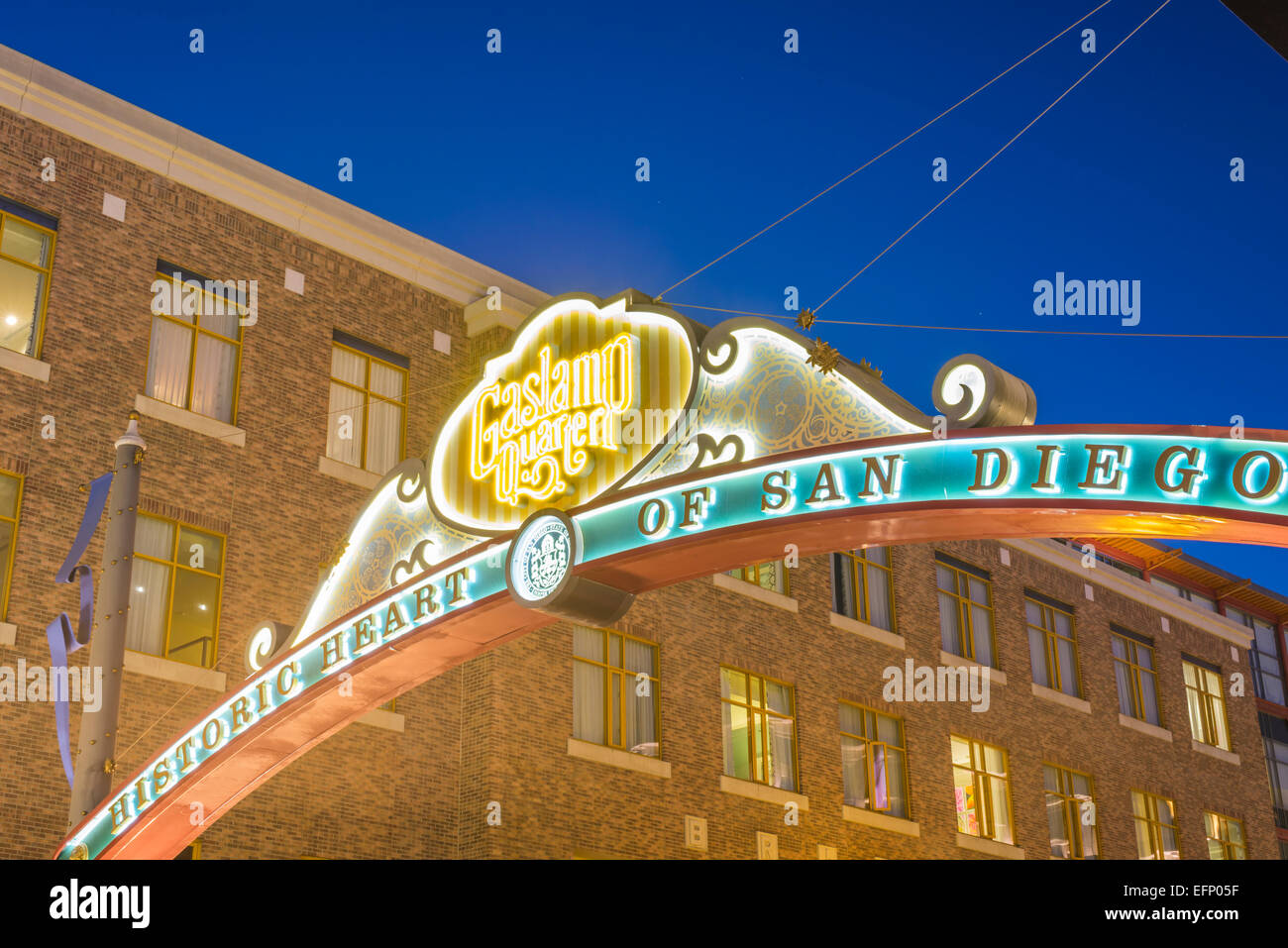 The Gaslamp Quarter sign illuminated at night. San Diego, California ...
