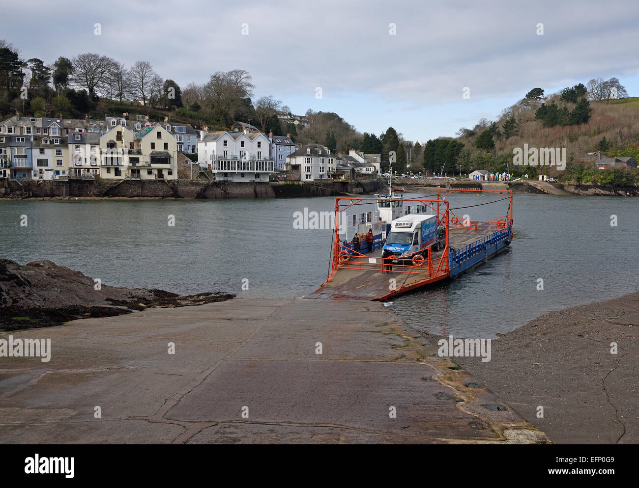 The Fowey to Bodinnick Ferry arriving at the Bodinnick station with ...