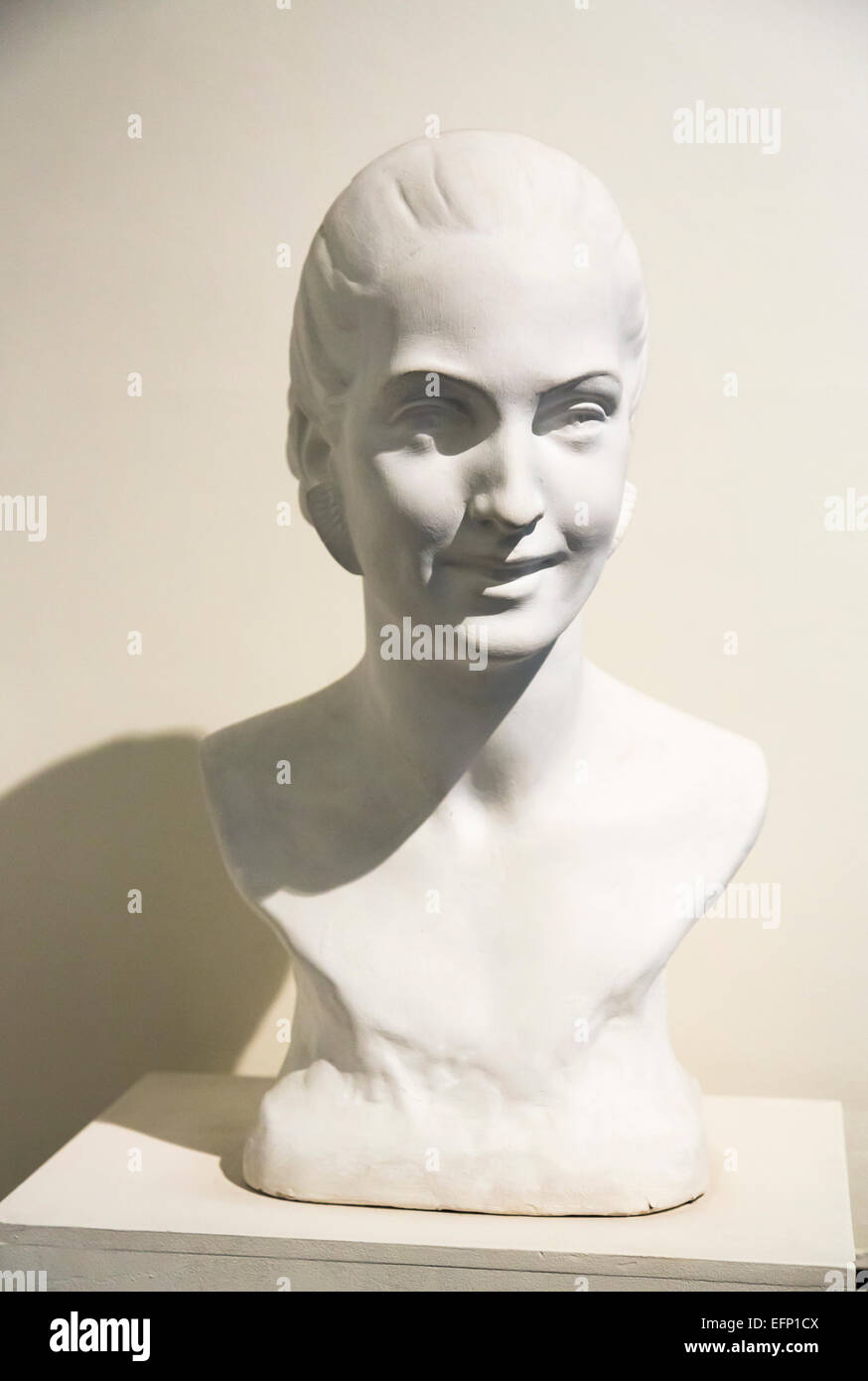 White bust of Evita Peron, an exhibit on display in the Evita Museum ...