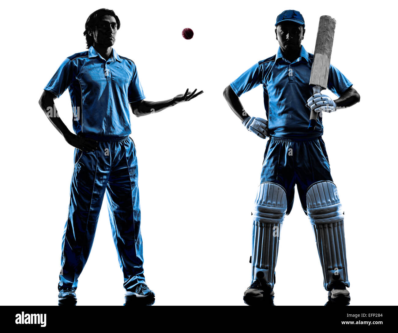 two Cricket players in silhouette shadow on white background Stock ...