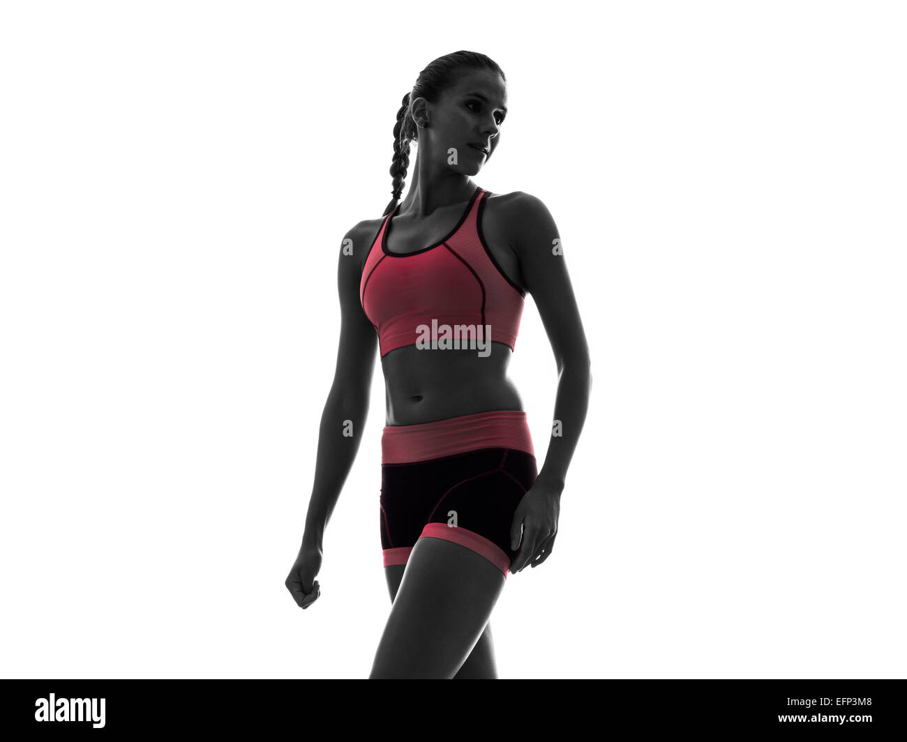 one woman runner running jogger jogging in silhouette on white ...