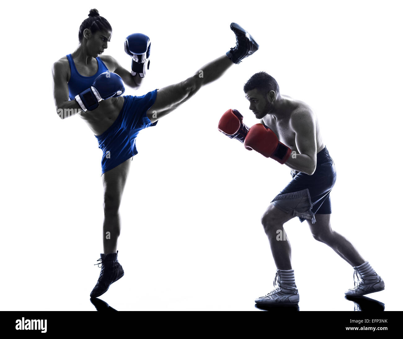 One Woman Boxer Boxing One Man Kickboxing In Silhouette Isolated On