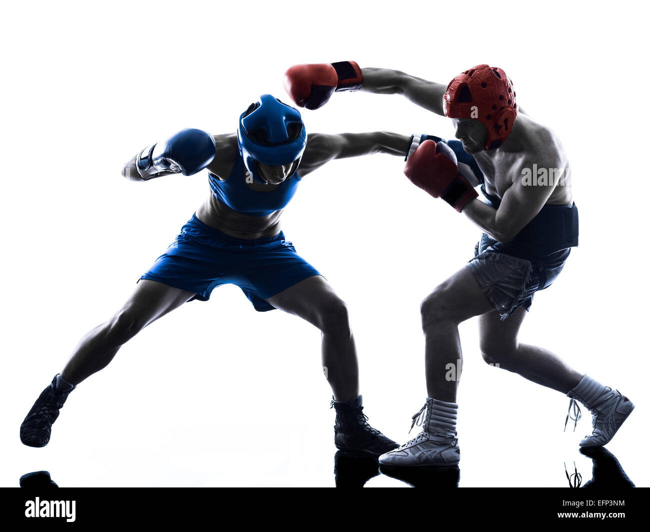 one woman boxer boxing one man kickboxing in silhouette isolated on ...
