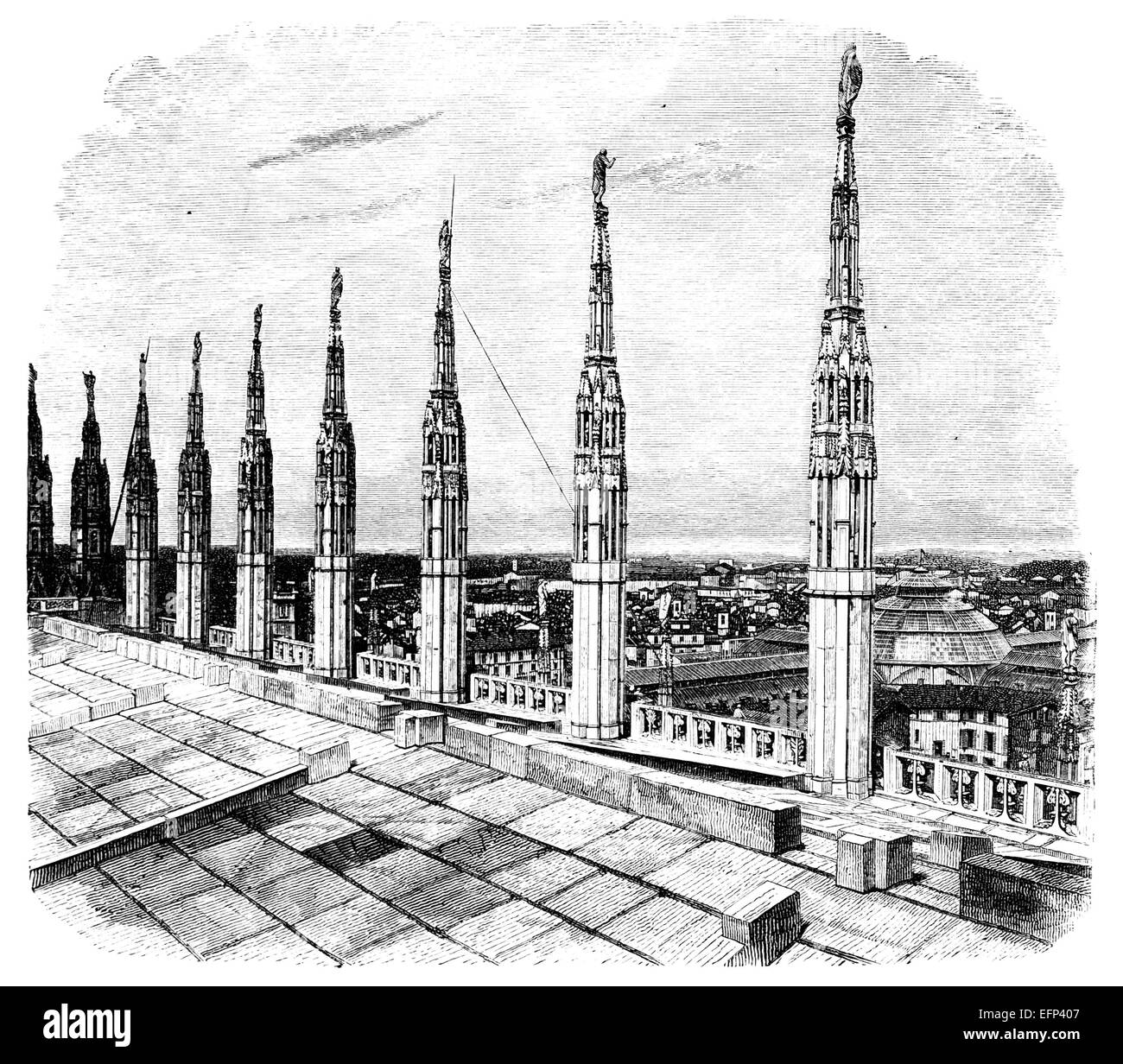 19th century engraving of roof of Milan Cathedral, Milan, Rome Stock ...