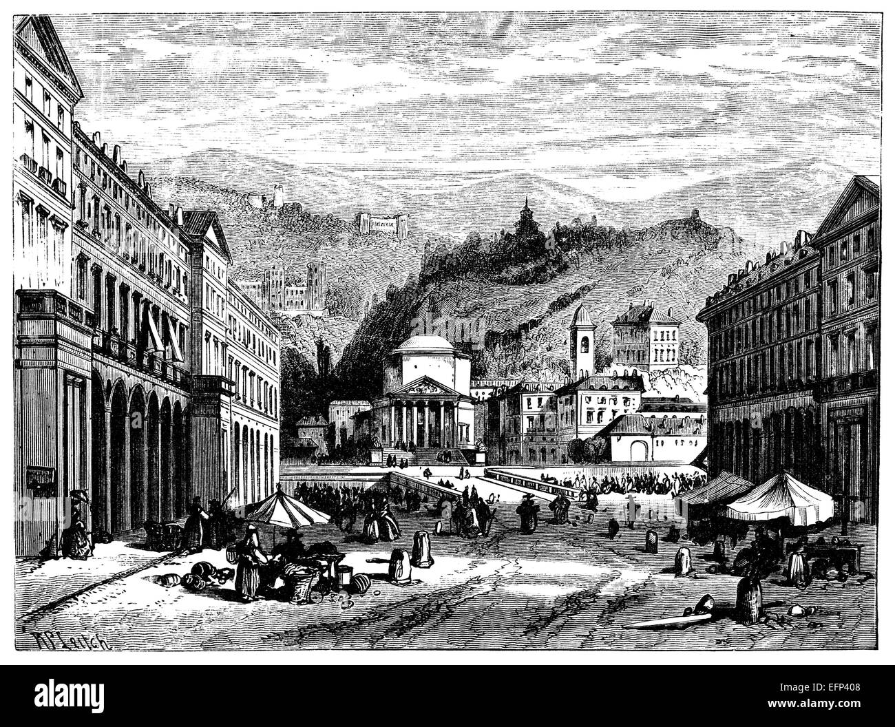 19th century engraving of Turin, Italy, photographed from a book titled ...