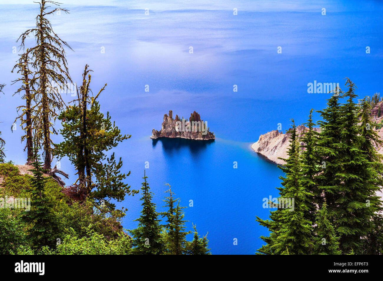 Looking down on Crater Lake and the island called the Phantom Ship ...