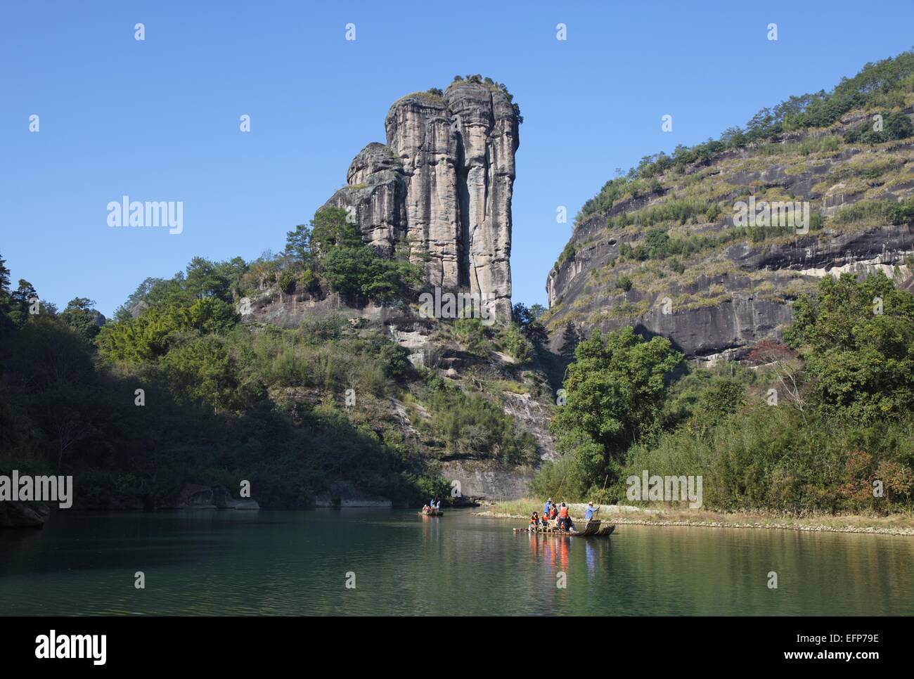 bamboo rafts on the Nine-Bend River and Jade Girl Peak, Wuyi Mountains ...