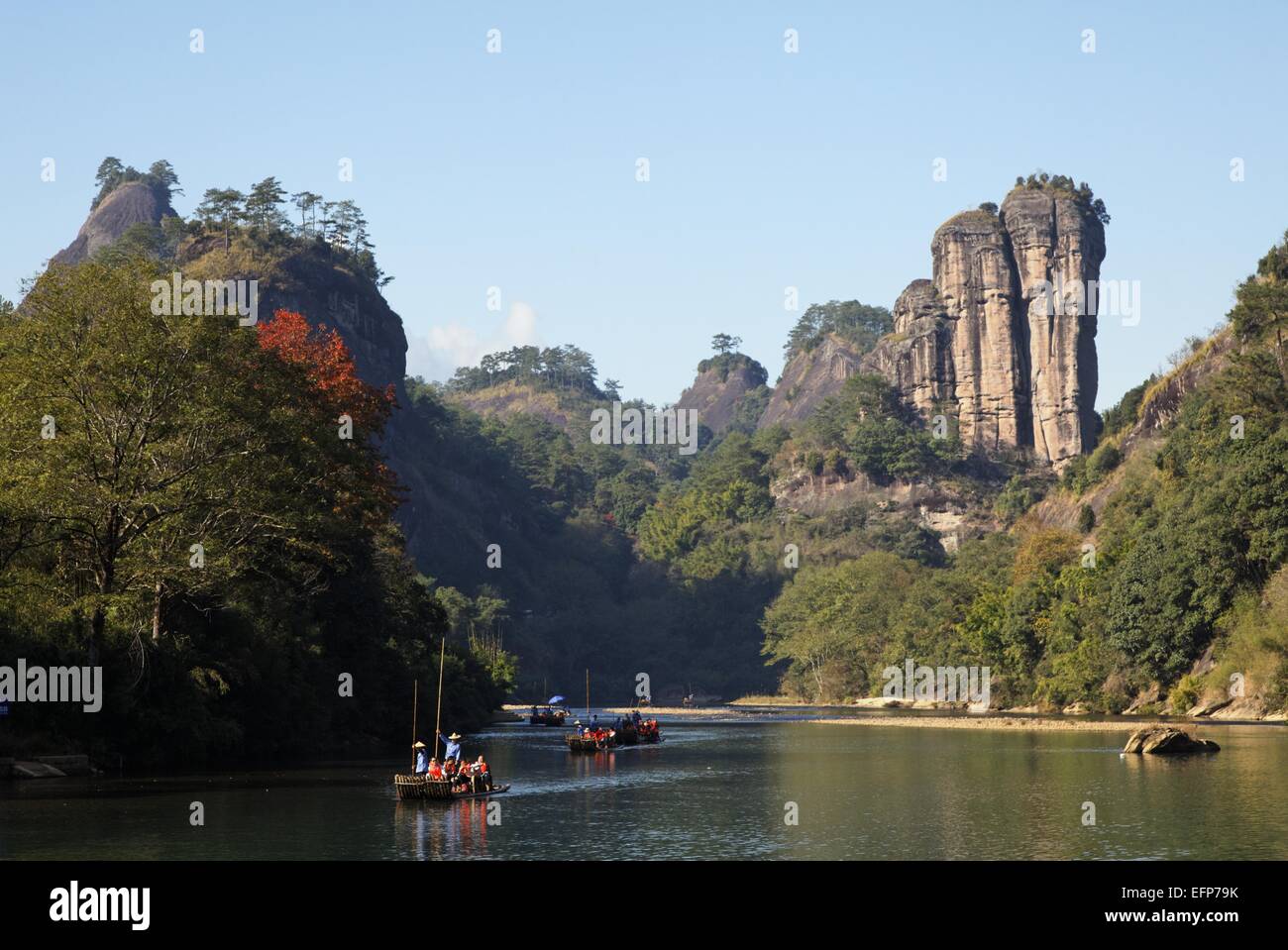 bamboo rafts on the Nine-Bend River and Jade Girl Peak, Wuyi Mountains ...