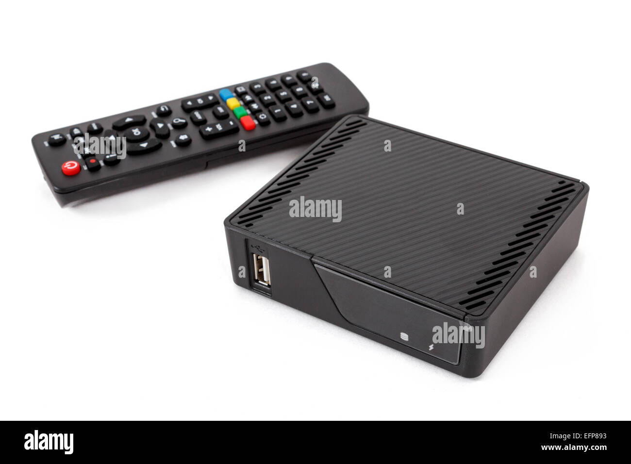Android TV set top box receiver with remote controler isolated on white ...