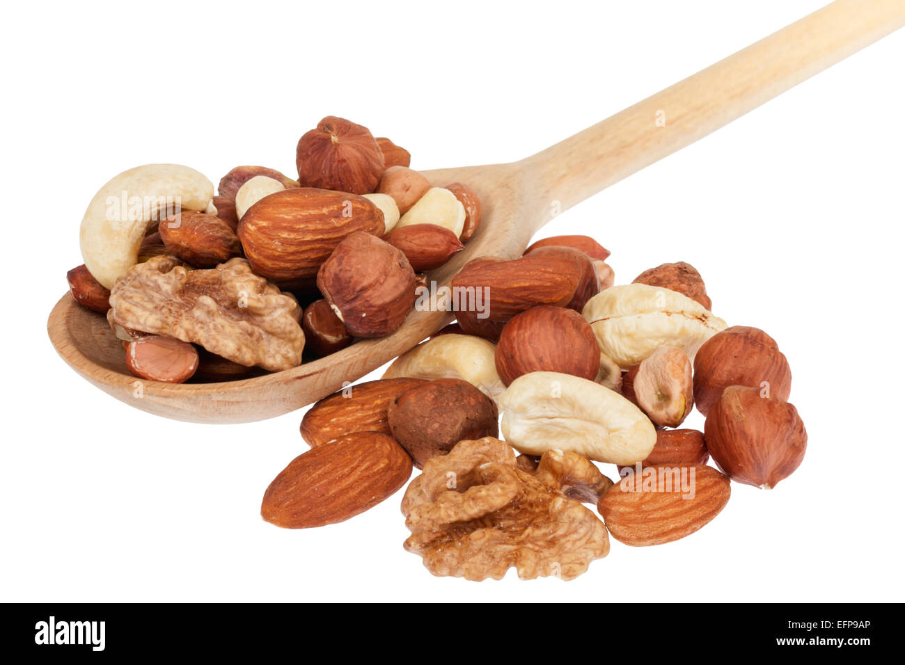Nuts in a wooden spoon, isolated on white background Stock Photo - Alamy