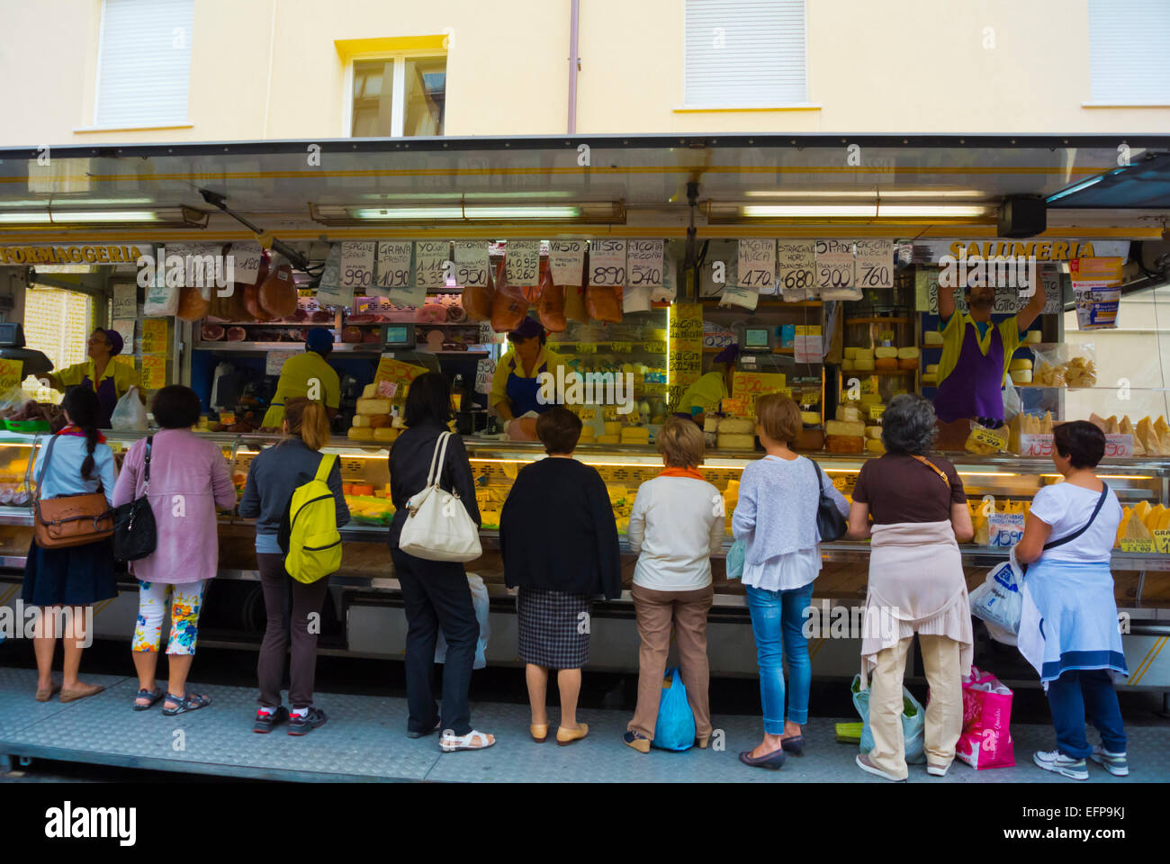 market stall outside covered market, centro storico, old Rimini, Italy ...