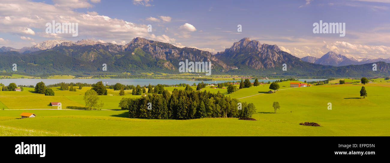 Panorama landscape in Bavaria at alps mountains and lake Forggensee ...