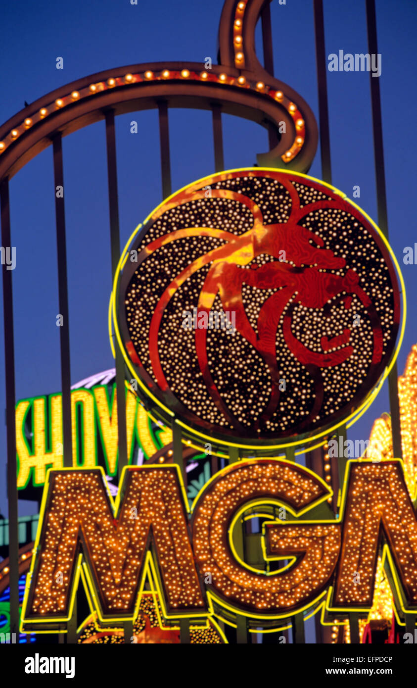Neon signs, MGM Grand Hotel/Resort Casino and Showcase Mall on the ...