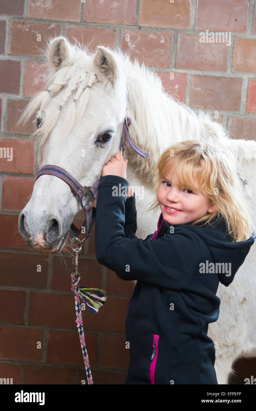Little girl standing gray Welsh Pony stable lane Germany Stock Photo ...