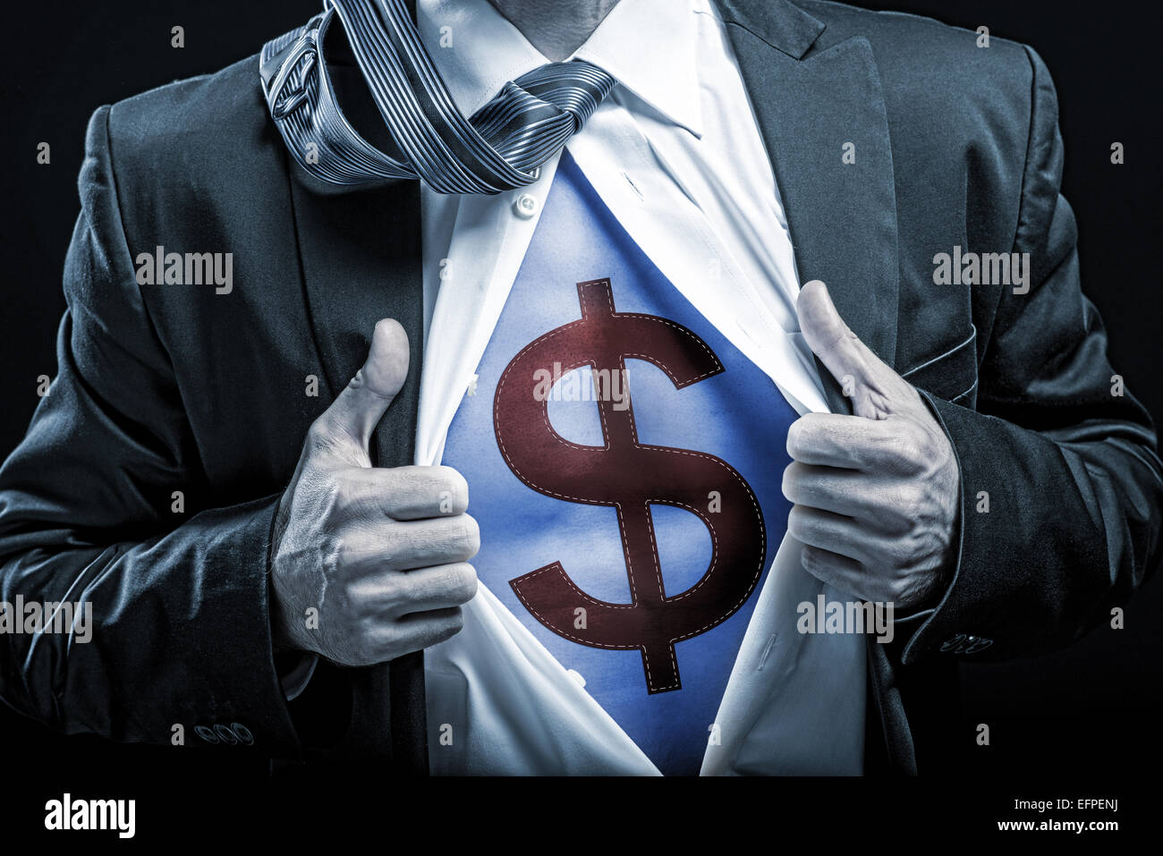 Super bussinessman blue belly with dollar sign Stock Photo - Alamy