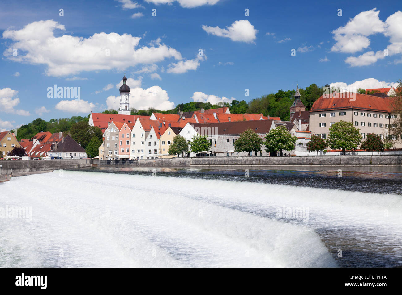 Lechwehr weir, Lech River, old town of Landsberg am Lech, Bavaria ...