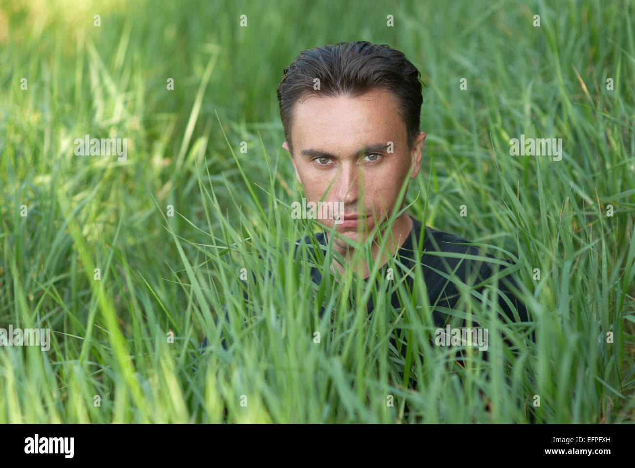 Man's portrait in the green grass background Stock Photo - Alamy