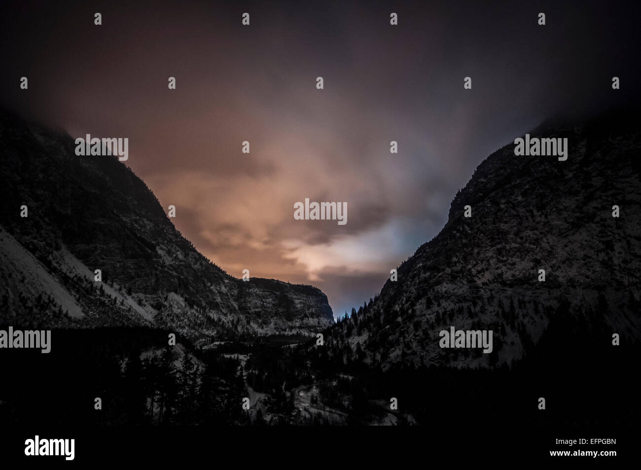 Light pollution in mountain valley at night, Seton Lake Reserve ...