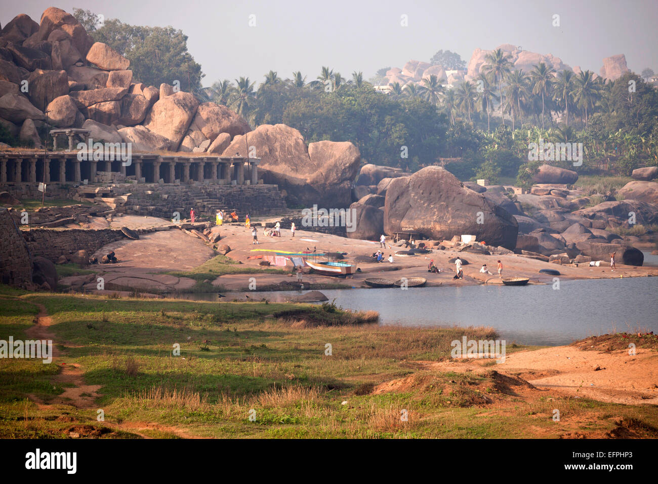 Tungabhadra river landscape and temple in Hampi, Karnataka, India, Asia ...