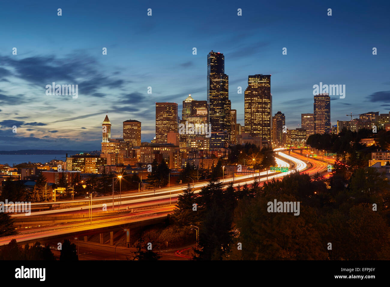 Highway and skyline at night, Seattle, Washington State, USA Stock ...