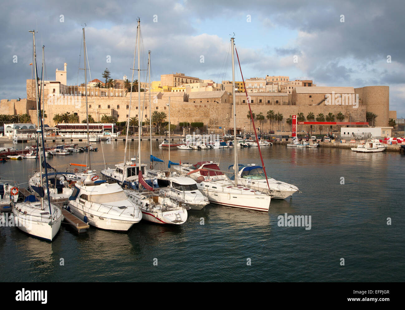 Yachts in harbour and old walled fortress Melilla la Vieja, Melilla ...