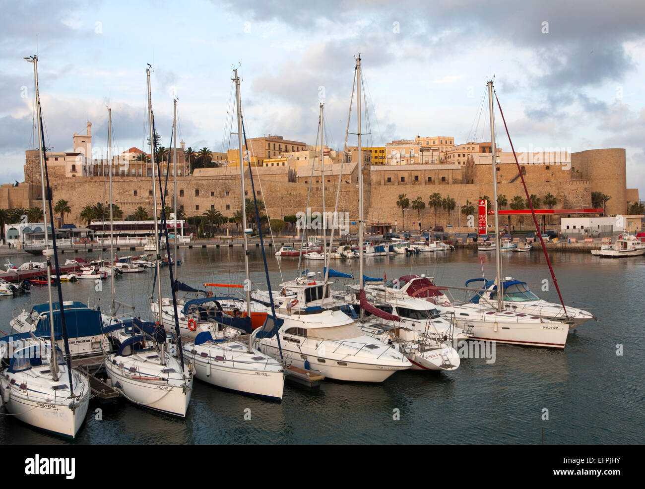 Yachts in harbour and old walled fortress Melilla la Vieja, Melilla ...