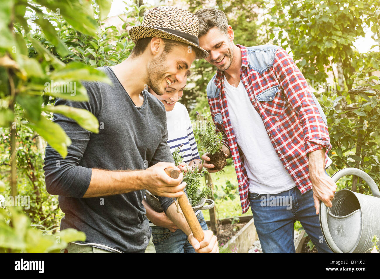Three friends gardening Stock Photo - Alamy