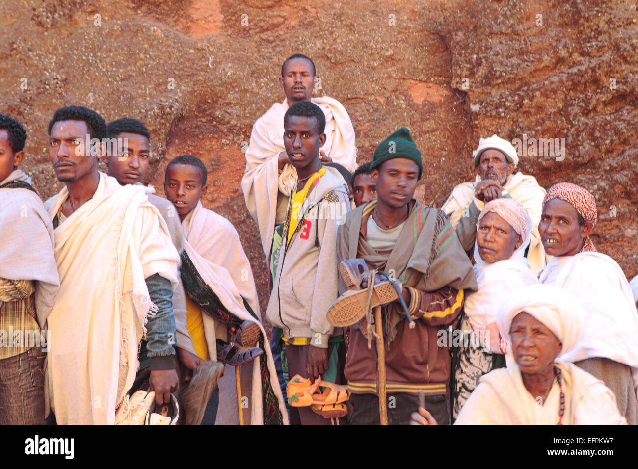 Pilgrims waiting for the entrance to Bet Amanuel church, Lalibela ...