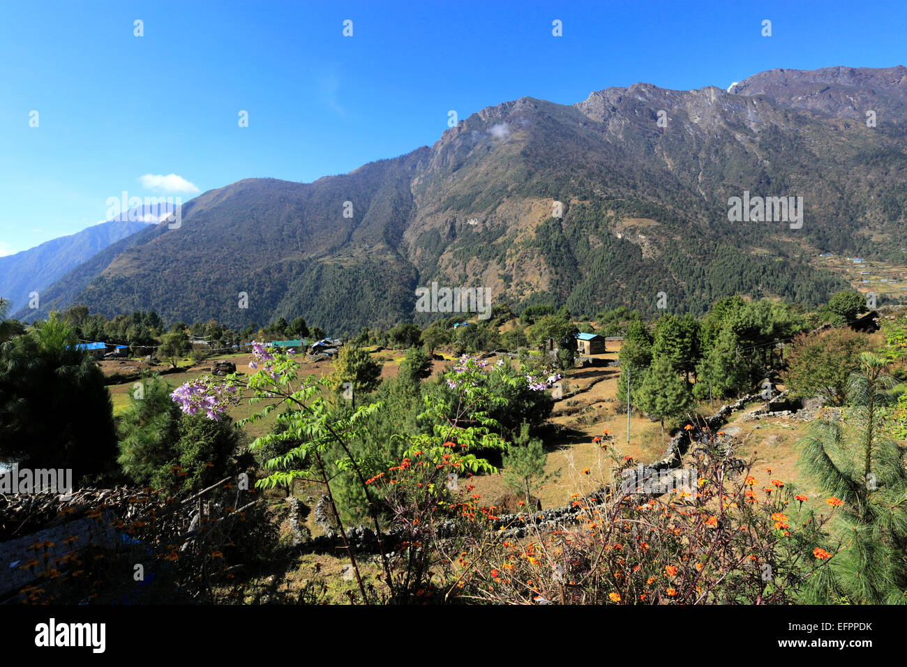 View over Yak Kharka village on the Everest base camp trek, Sagarmatha ...